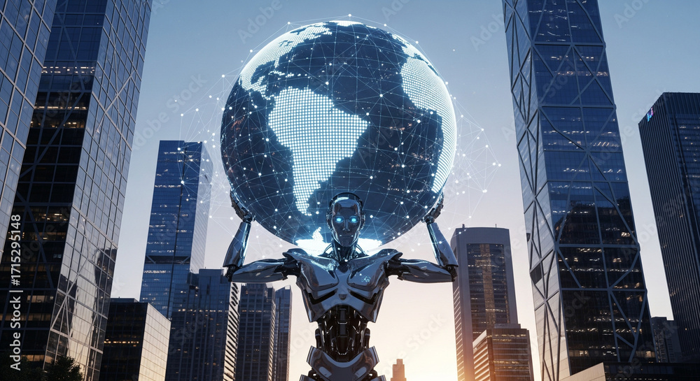 Futuristic robot carrying a globe on its shoulders in a modern take on ...