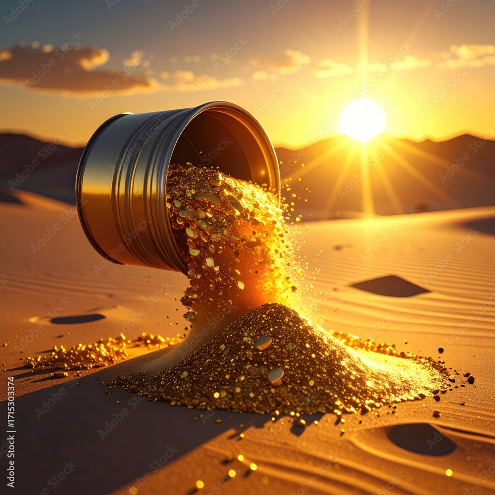 Gold nuggets spilling from a metal pail onto desert sand at sunset ...