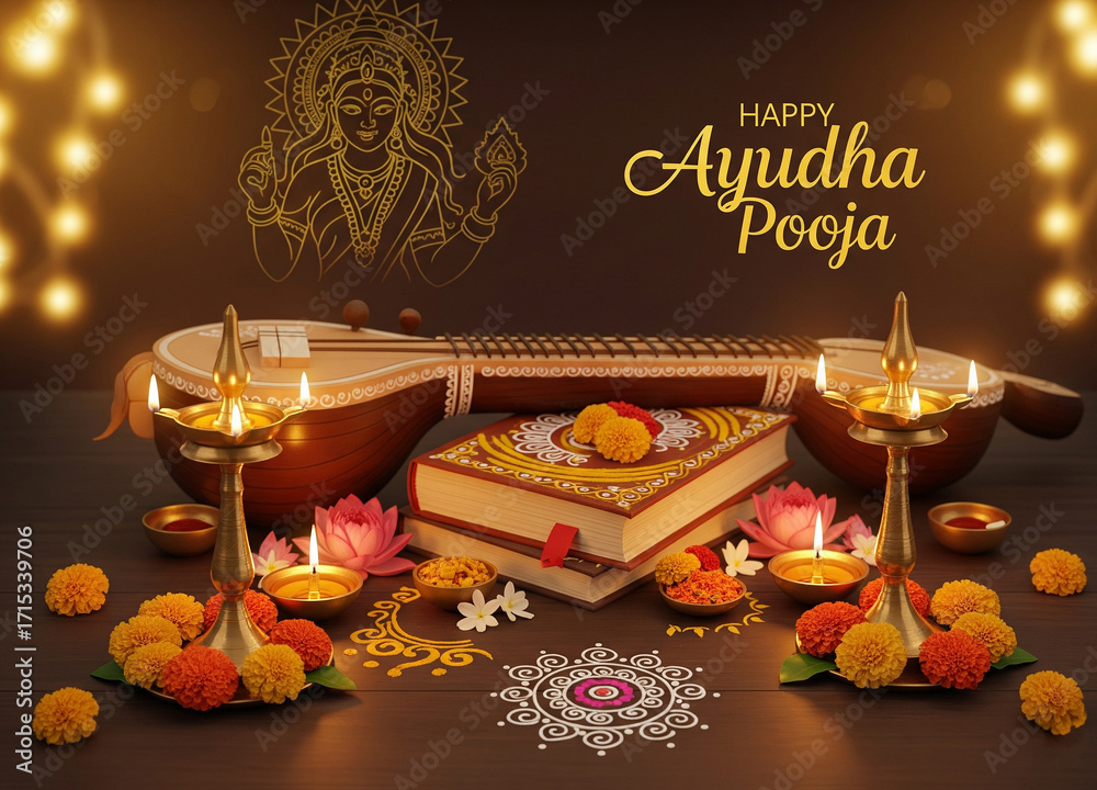 Happy Ayudha Pooja Festival Greeting with Veena, Books, Flowers, Lit ...