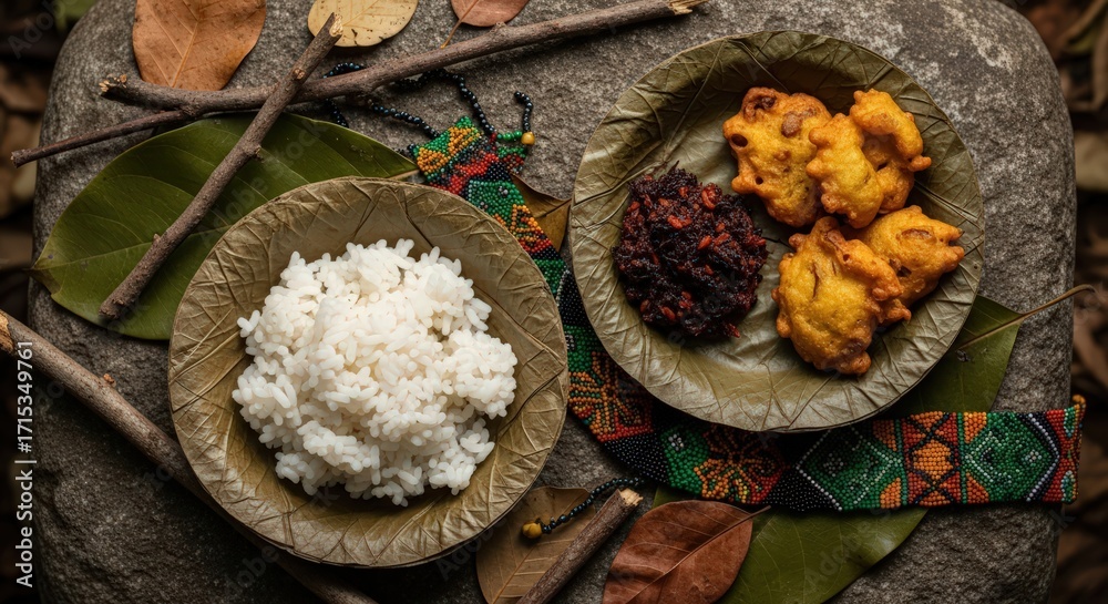 Overhead view of rice and fried food in leaf plates on a rock with ...