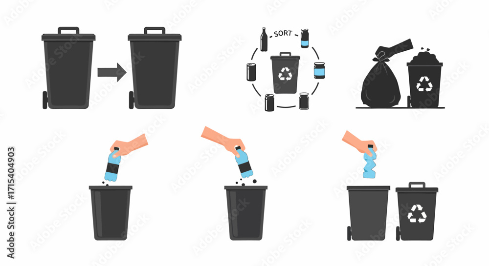 Recycling and Waste Sorting Process with Bins and Hands Illustrations ...