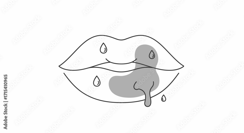 Minimalist line art illustration of human lips with drooling saliva and ...