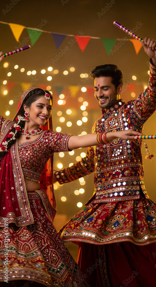 Smiling Indian couple in traditional attire dancing Garba with dandiya ...