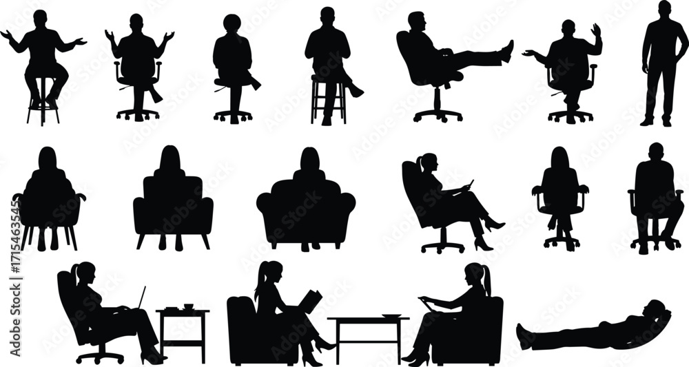 Image vectorielle Stock Seated figure silhouettes, sitting poses ...