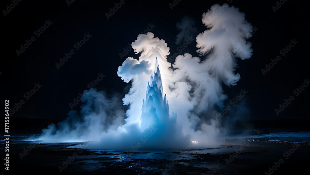 The Majestic Eruption of a Geyser at Night Illuminated by Blue Light ...