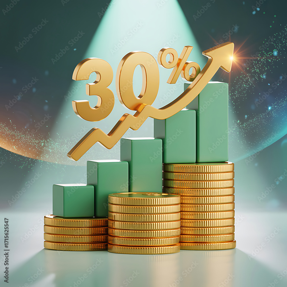 Golden arrow graph shows thirty percent increase on stacked coins and ...