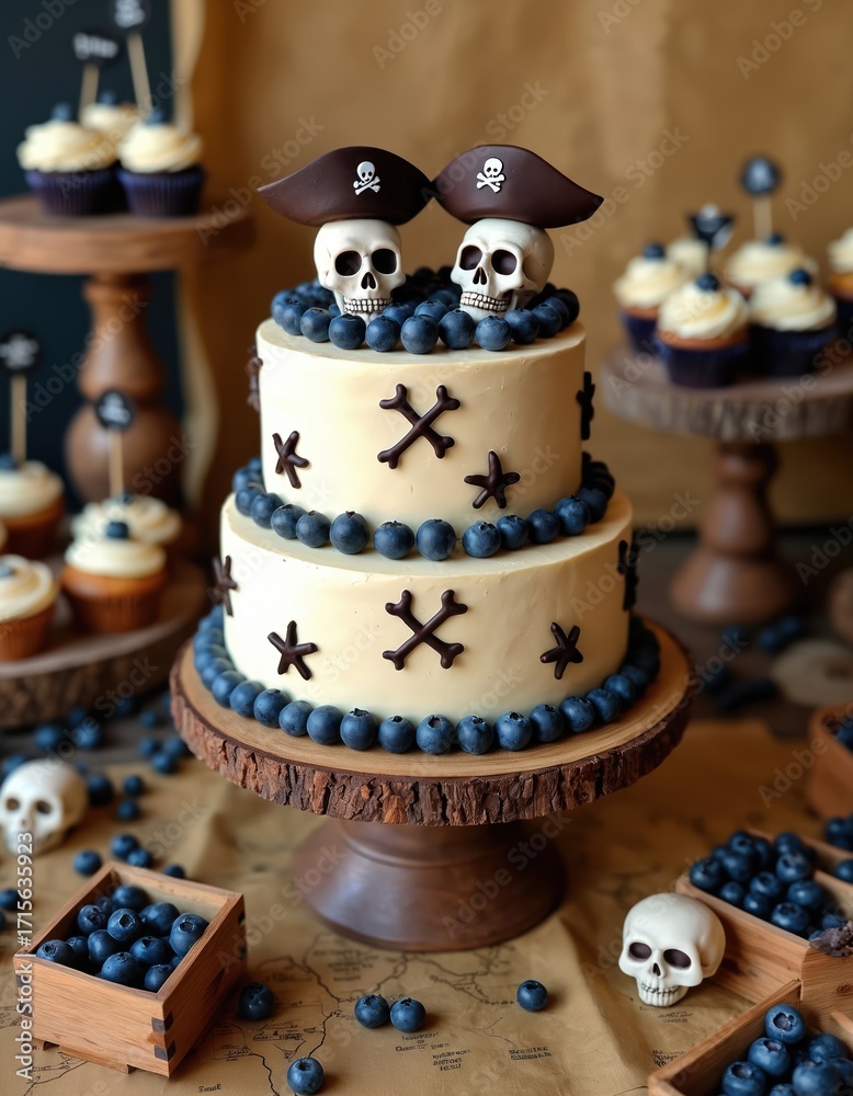 Pirate-themed birthday party setup featuring two-tier cake with skull ...
