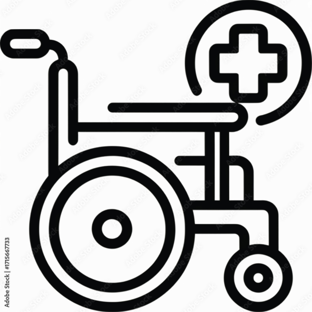 Line art icon of a wheelchair with a medical cross symbol, representing ...