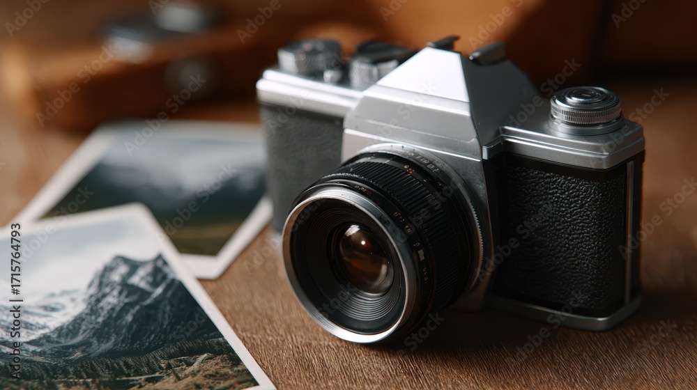 moody top view of vintage camera gear with developed black-and-white ...