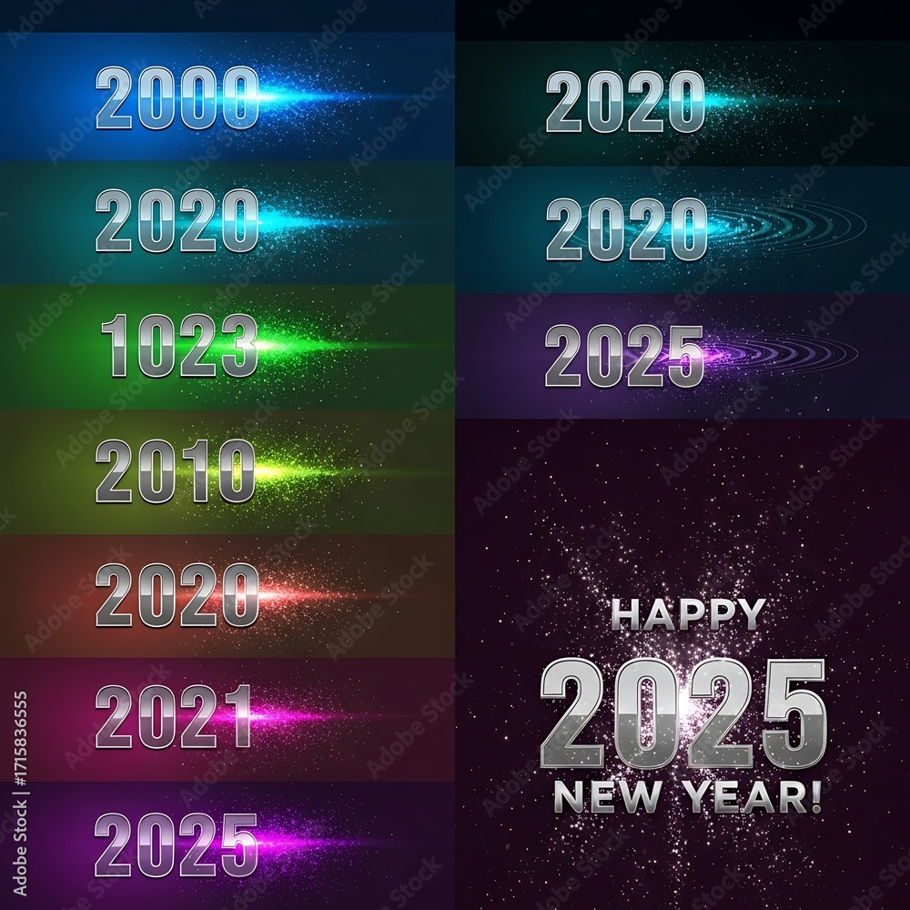 Collection of colorful, glowing numbers representing various years ...