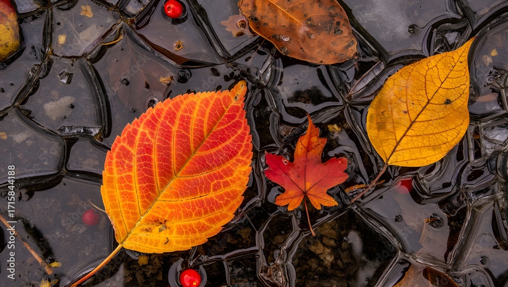 Autumn leaves frozen in ice create a beautiful and colorful seasonal ...