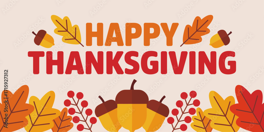 Happy Thanksgiving typographic banner, bold sans letters, leaf and ...
