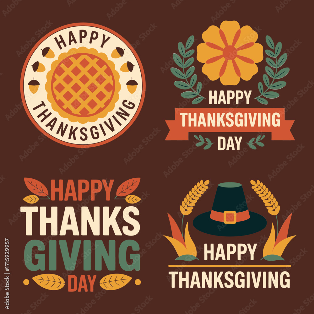 Thanksgiving design bundle, pie emblem, floral elements, square label ...