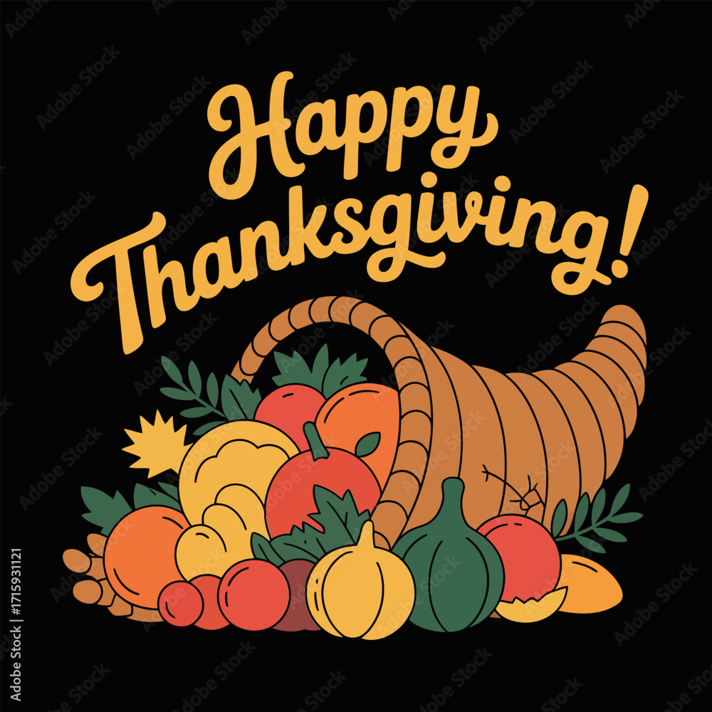 Happy Thanksgiving script, cornucopia harvest horn, pumpkins apples ...