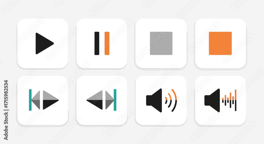 Collection of media control icons including play, pause, stop, rewind ...