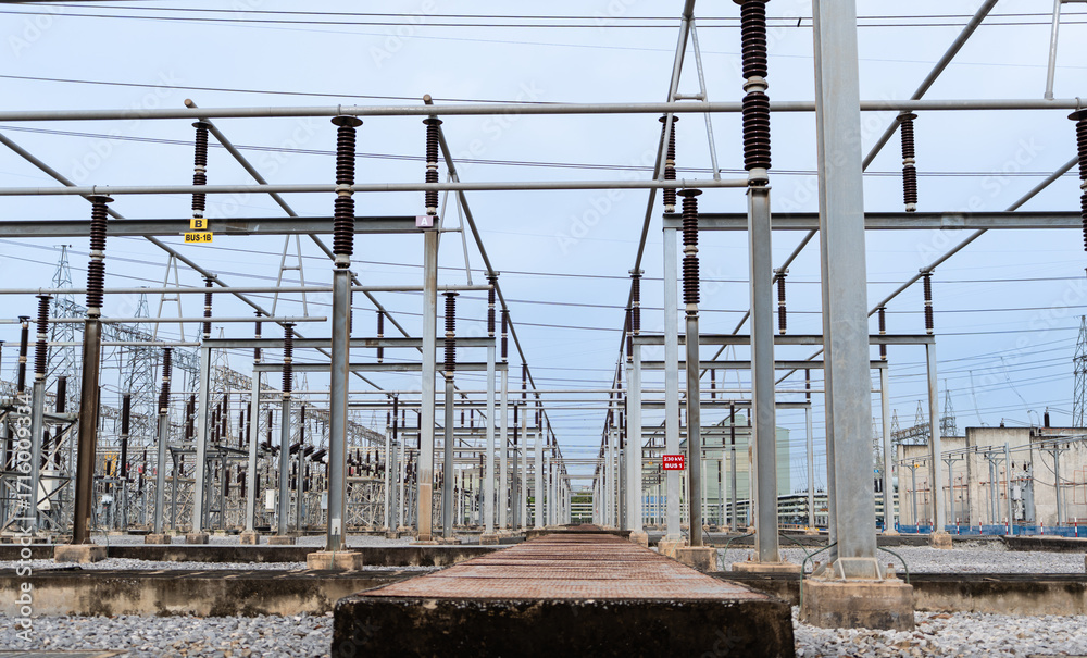 Electric power substation with steel frameworks, high-voltage ...