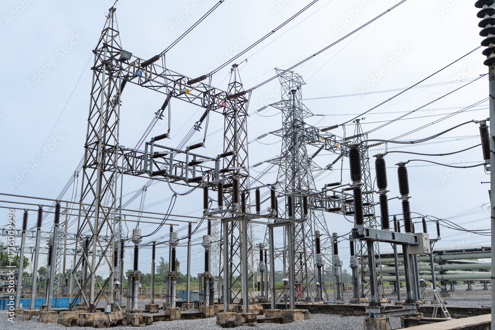 High voltage power system at an outdoor substation, featuring steel ...