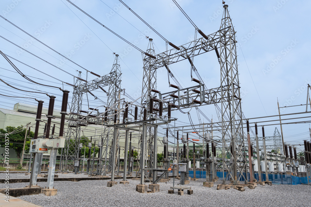 High voltage substation with disconnecting switches, busbars, and steel ...