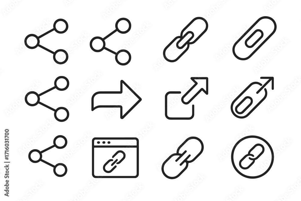 Share and link line icon set. Collection of outline symbols for web ...