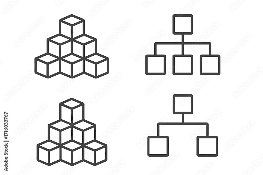 Pyramid cubes and hierarchy flowchart line icon set. Organizational ...