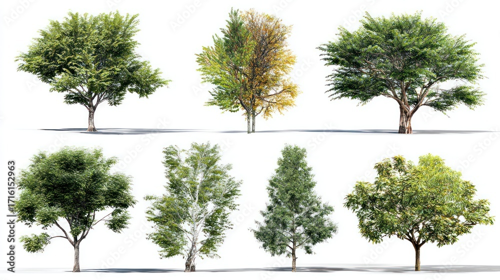 Seven trees with varying foliage types stand against a white background ...