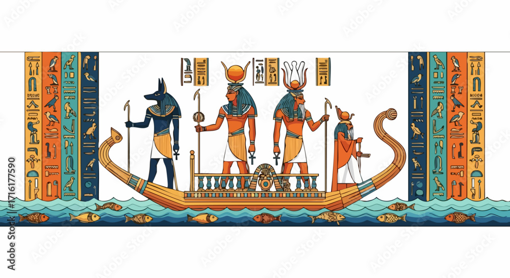 Vetor Ancient Egyptian gods journeying on a sacred boat with ...