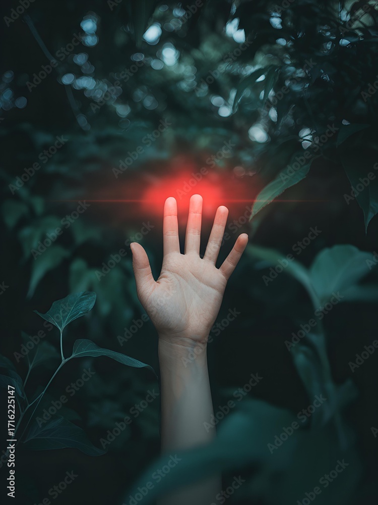 Hand reaching for a soft red glow in a dark, mysterious forest ...