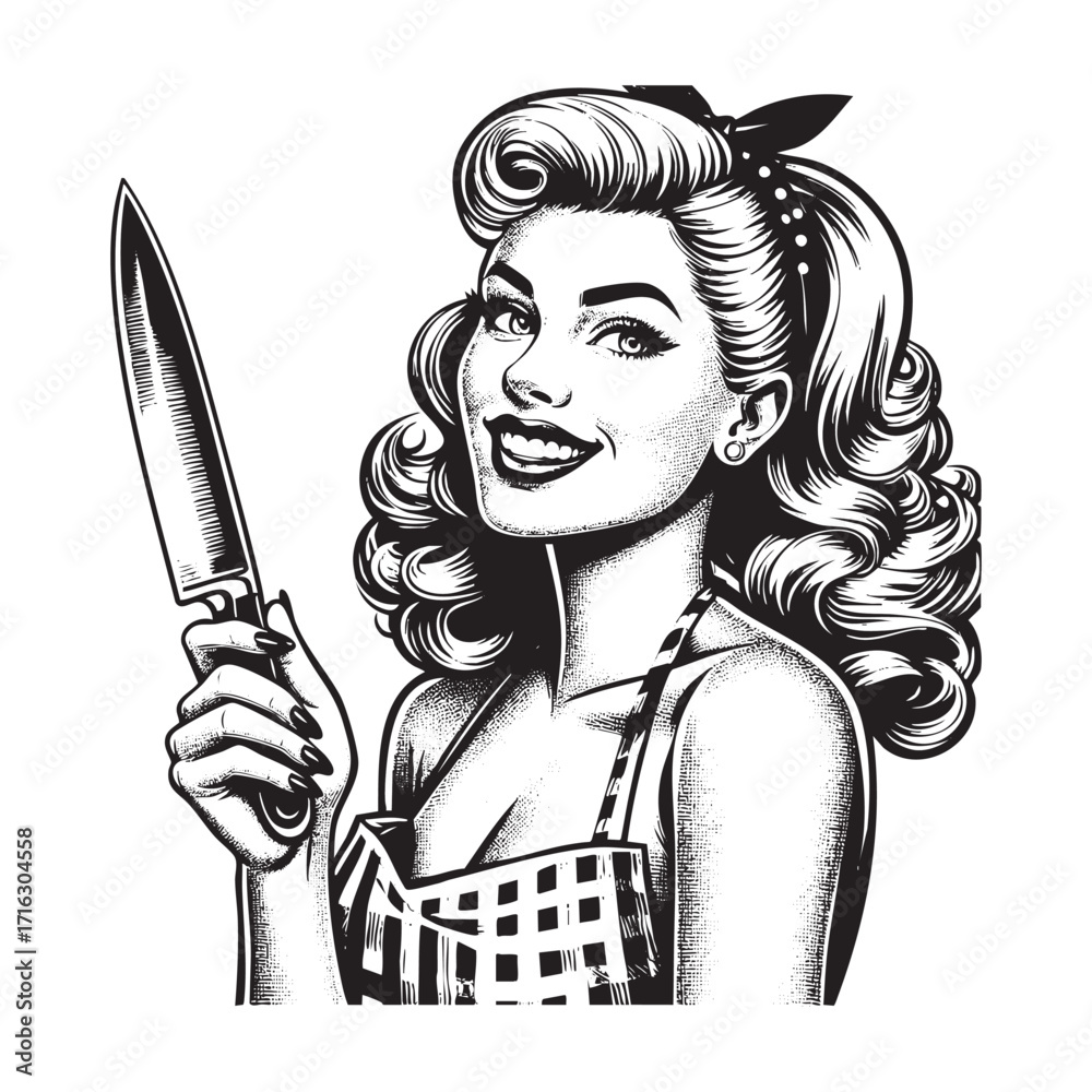pinup woman wear polka dress holding knife with Detailed Line Work and ...