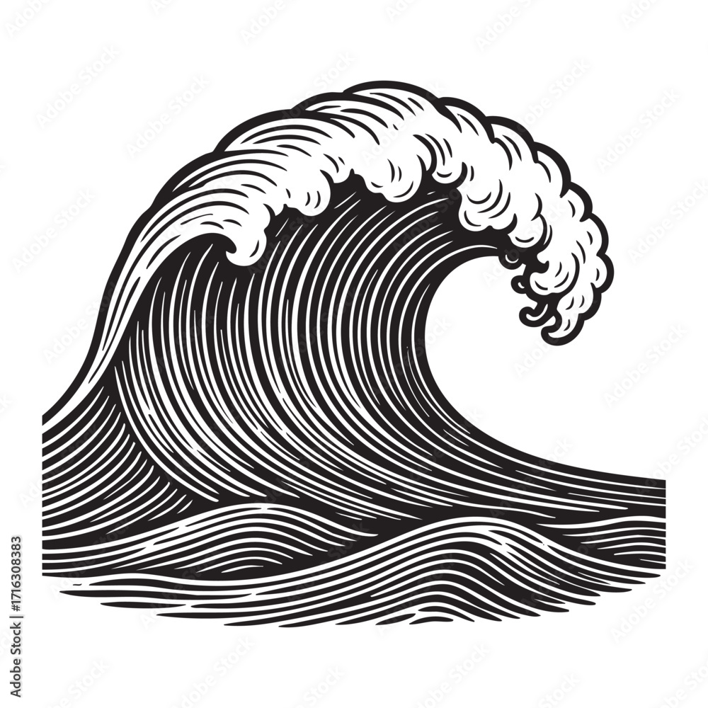 Engrave of Ocean wave in the old ink style Stock Vector | Adobe Stock