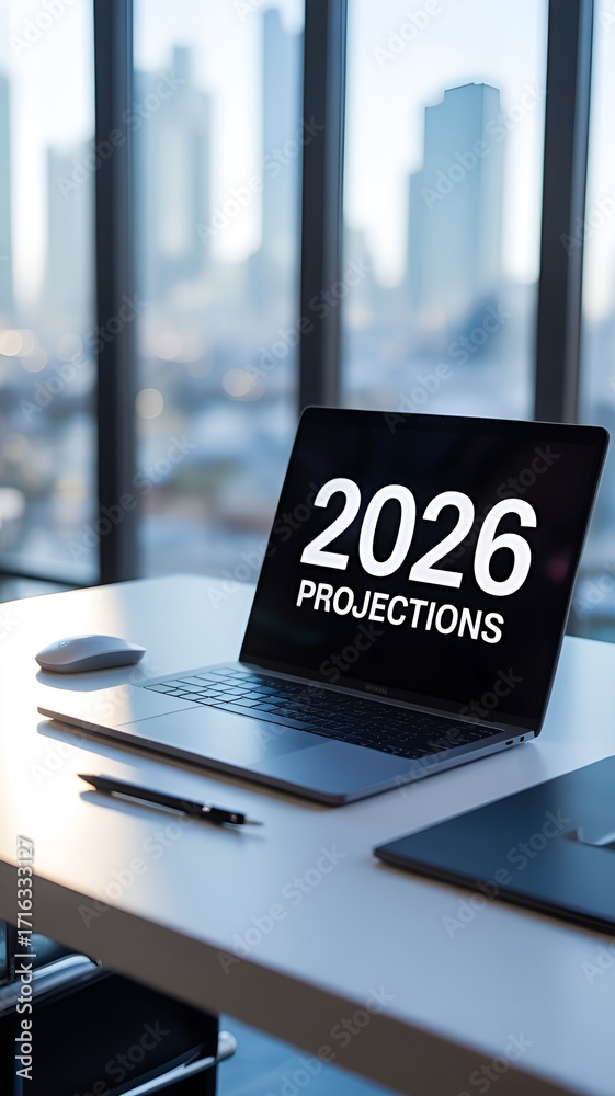 Laptop showing 2026 projections on a desk in an office. Stock Photo ...