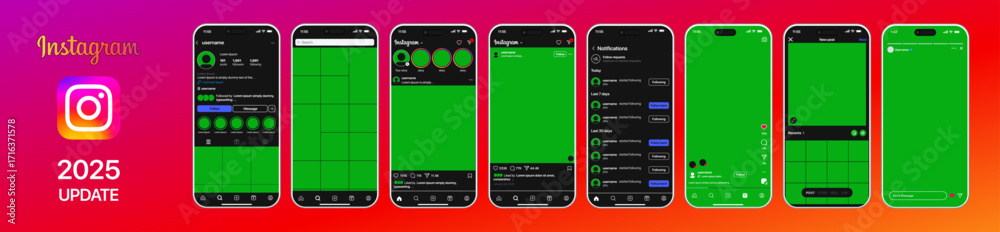 Dark mode Instagram UI template 2025 update shown on iPhone 17 mockups ...