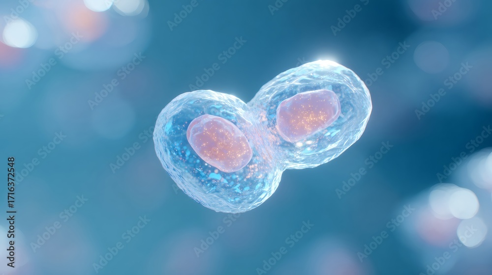 Cell division process of two cells. Mitosis concept in human body ...