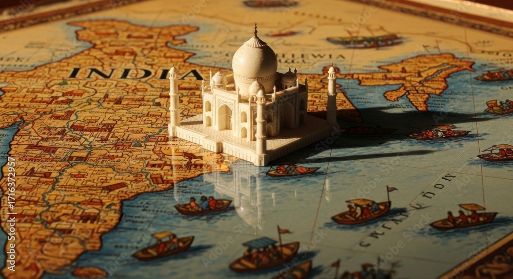 Stock-Foto „Miniature Model of Taj Mahal on Vintage Map of India with ...