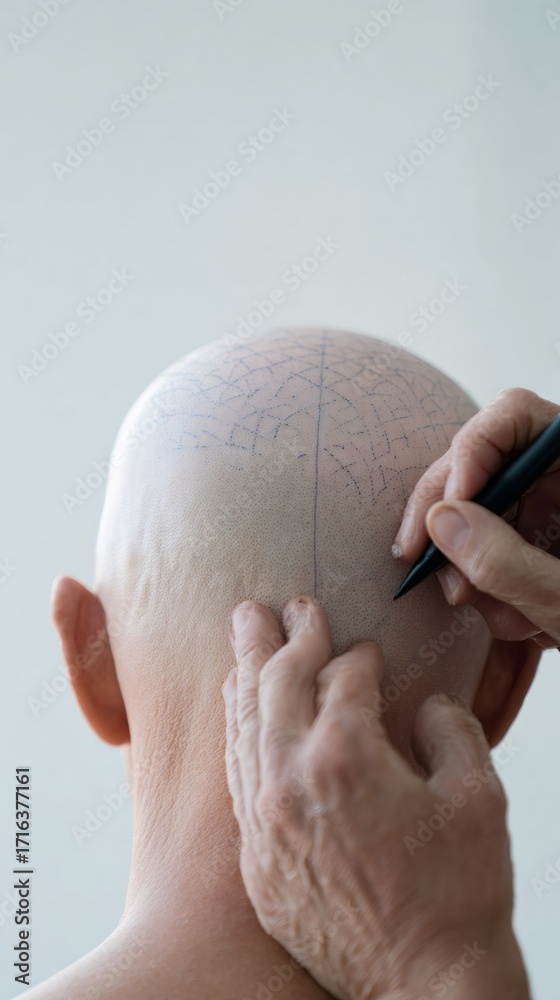 Doctor marking bald man scalp for hair transplant procedure. Follicular ...