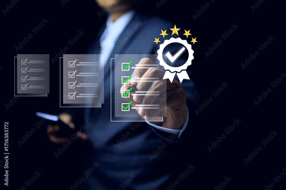 Businessman tick check mark to approved certification on the ...