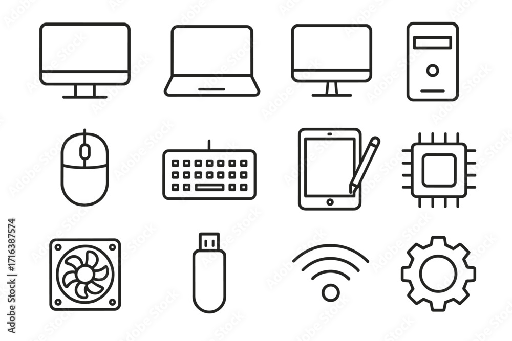 Stock-Vektorgrafik „Computer technology line icon set. PC, laptop ...