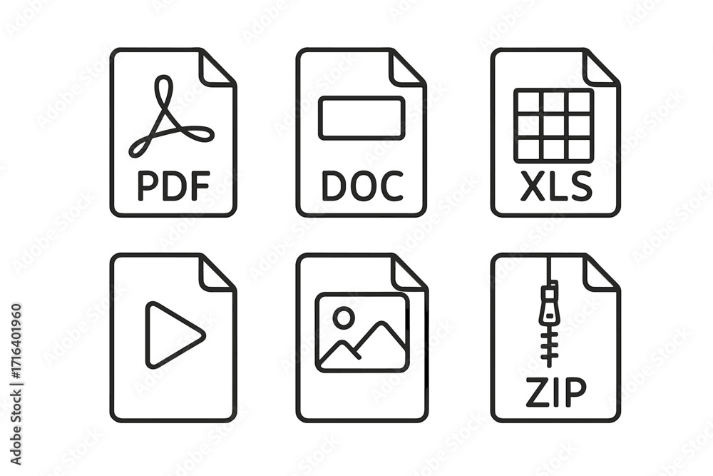 File format line icon set. Minimalist vector symbols for PDF, DOC, XLS ...