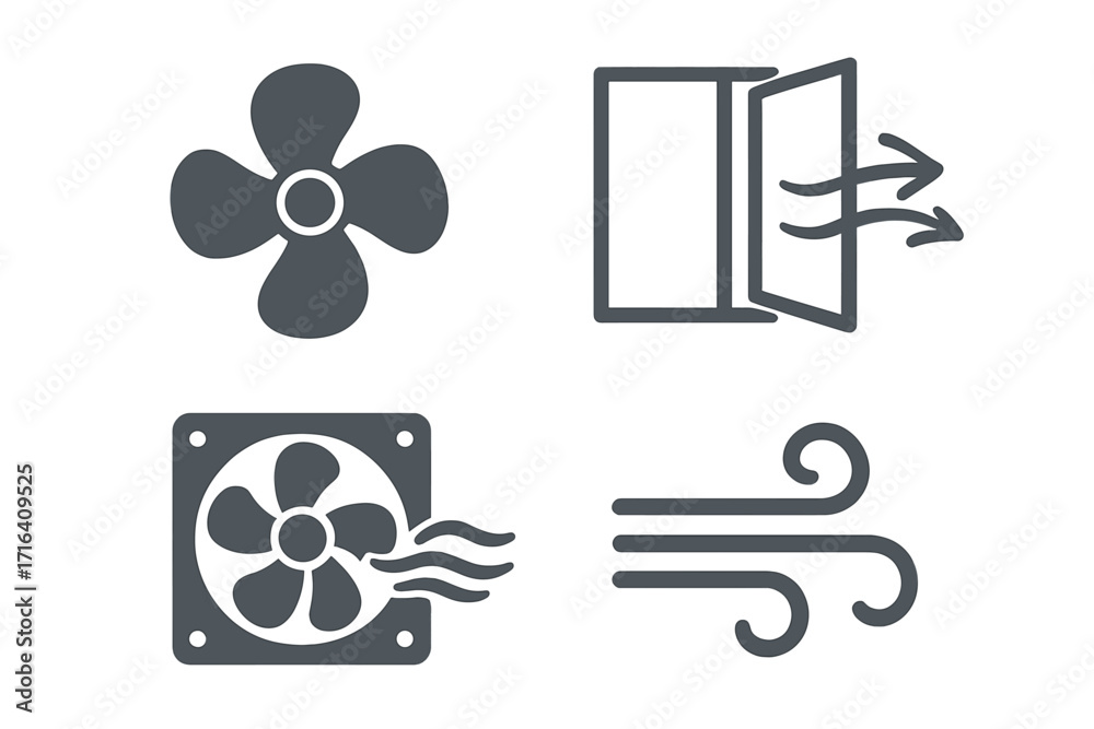 Airflow and ventilation icon set. Simple vector symbols of fan, open ...