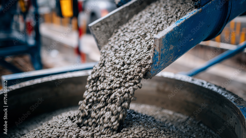 Photo Stock Wet concrete cascading from steel drum of construction ...