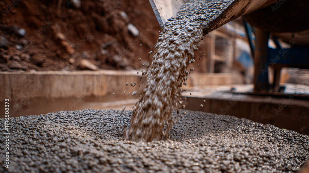 Heavy wet concrete pouring in thick stream from industrial mixer, close ...