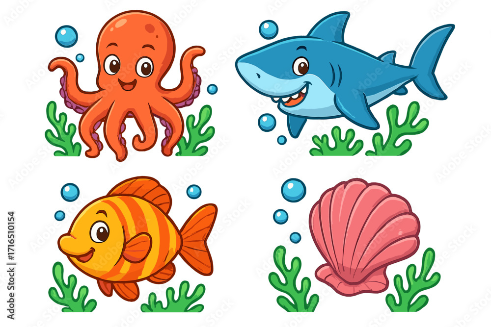 Cute cartoon sea animals set. Colorful vector collection of marine life ...