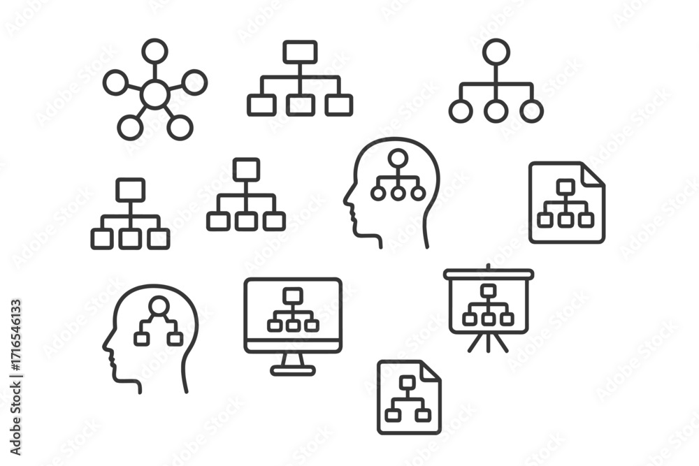 Image vectorielle Stock Mind map and hierarchy icon set. Flowchart, organization chart, and ...