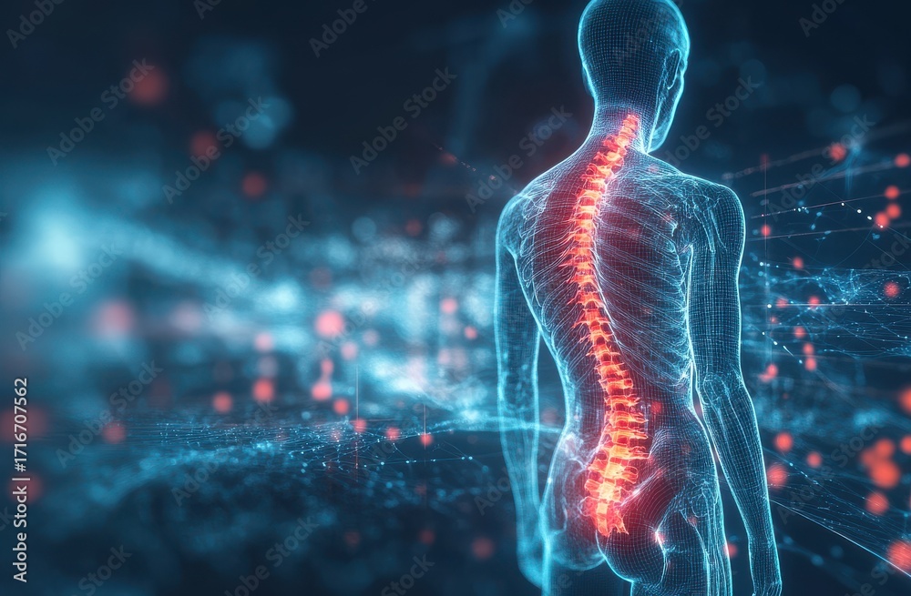 Digital illustration of a glowing human spine highlighting the ...