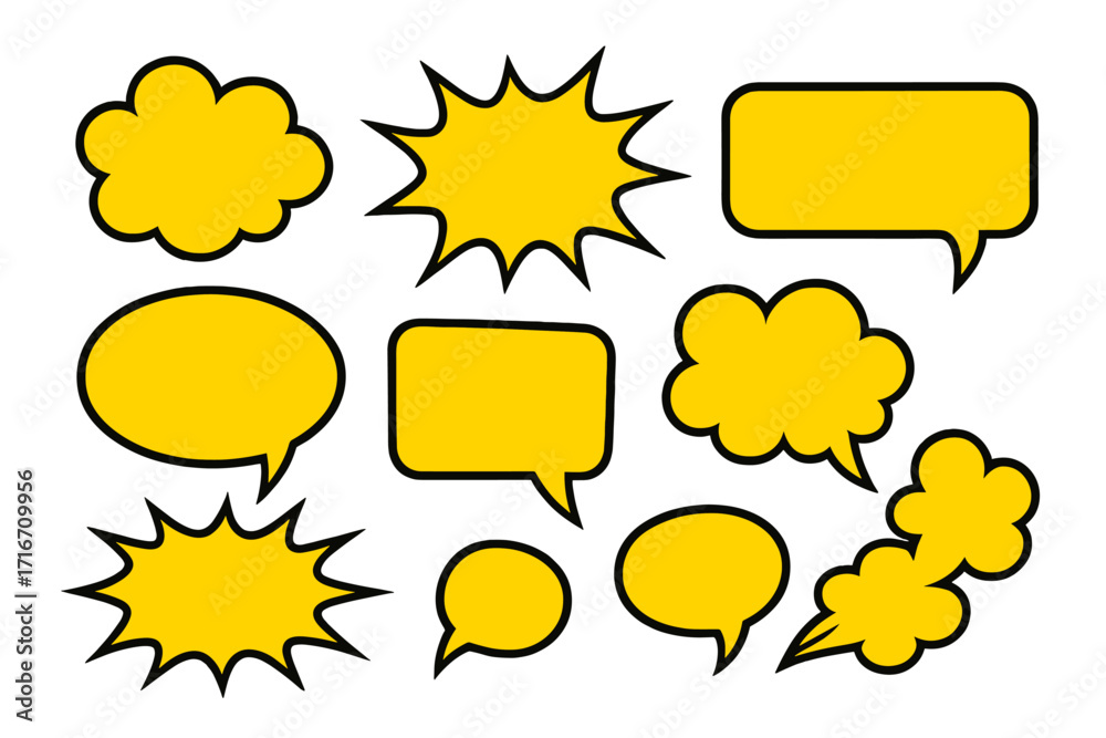 Set of yellow comic speech bubbles and explosion bursts. Cartoon pop ...