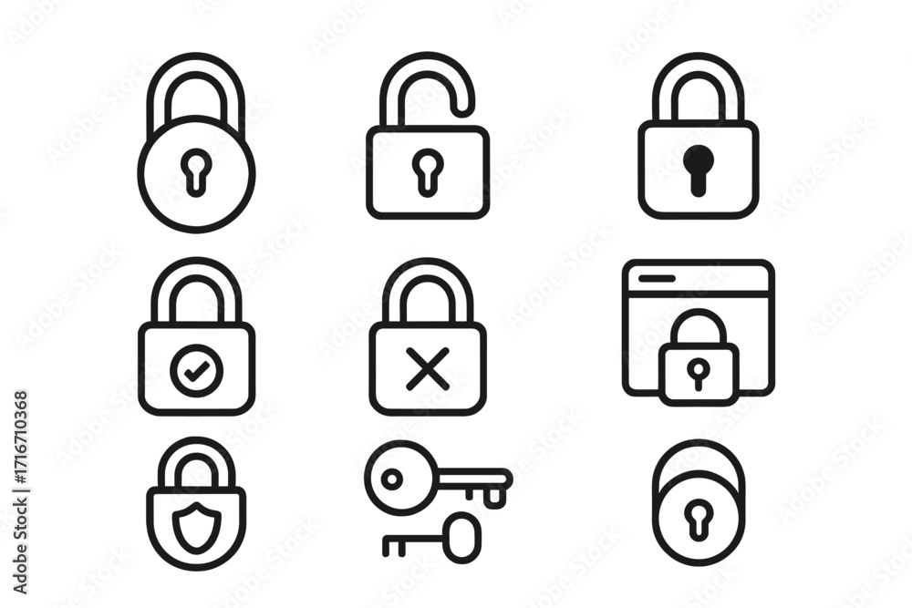 Security line icon set with lock, key, padlock symbols. Vector ...