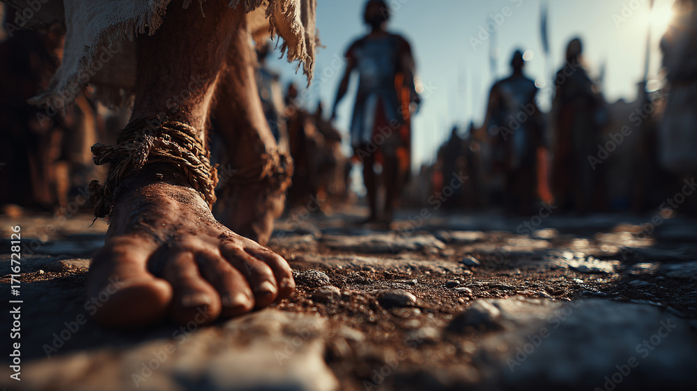 The bare, wounded feet of Jesus Christ on the road to Golgotha, The ...