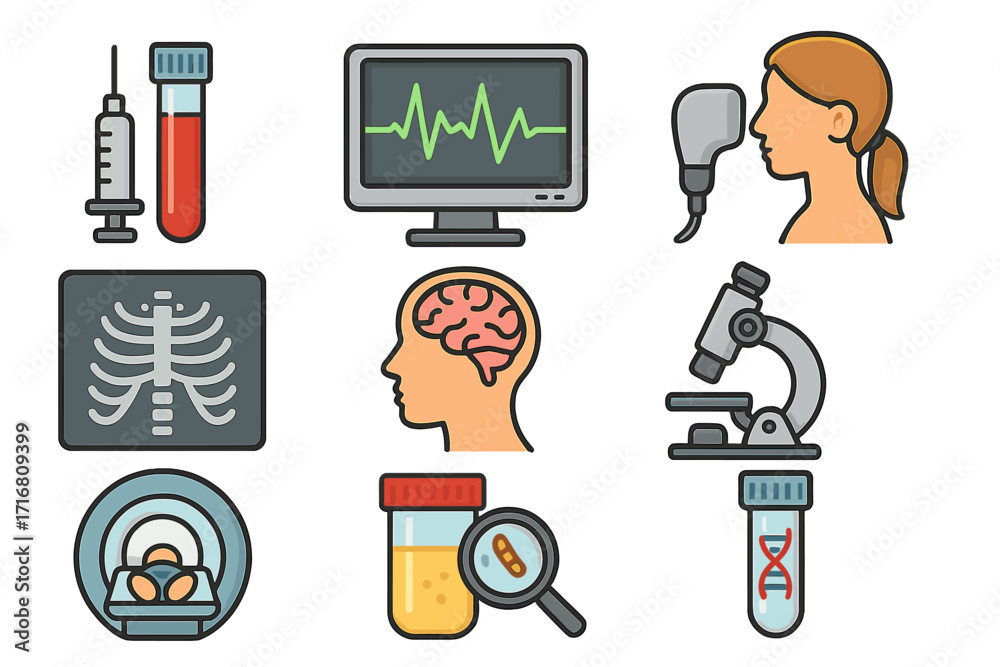 Medical diagnostic and healthcare icon set. Health checkup, hospital ...