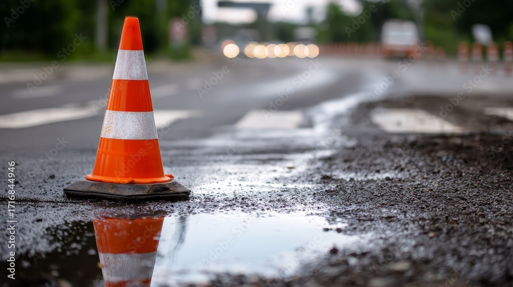 construction site concept Orange traffic cone marking pothole on ...