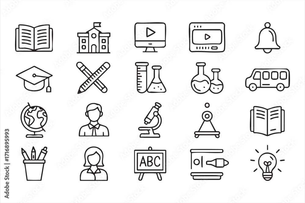 Academic outline icons including microscope, flask, globe, and teacher ...