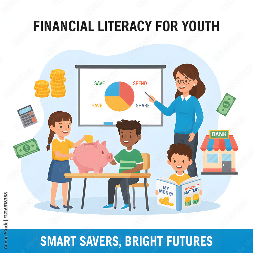 Children learning about saving money with a piggy bank teacher and bank ...